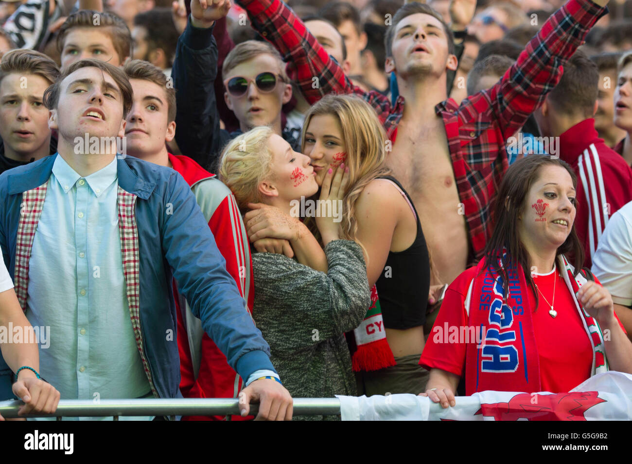 Wales football fans at the Wales supporters Fan Zone in Cooper's Field ...