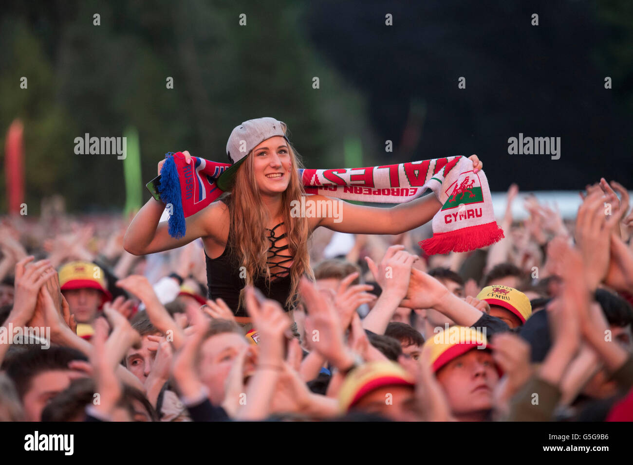 Wales football fans at the Wales supporters Fan Zone in Cooper's Field ...