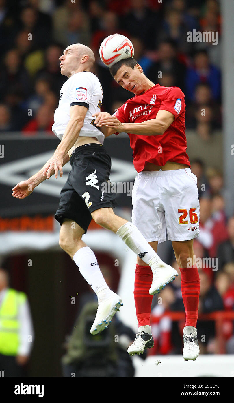 Nottingham Forest's Daniel Ayala and Derby County's Conor Sammon (left ...