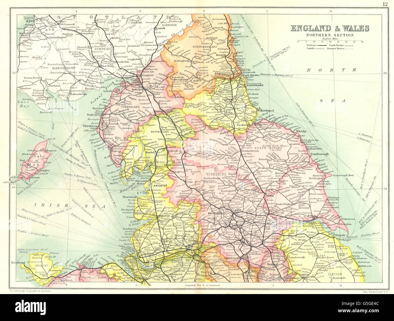 NORTHERN ENGLAND: Showing railways canals coach & steamer routes, 1909 ...