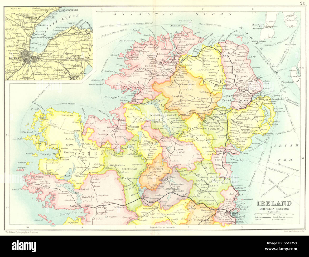 IRELAND NORTH: Ulster Connaught Belfast.Counties railways coach canals ...