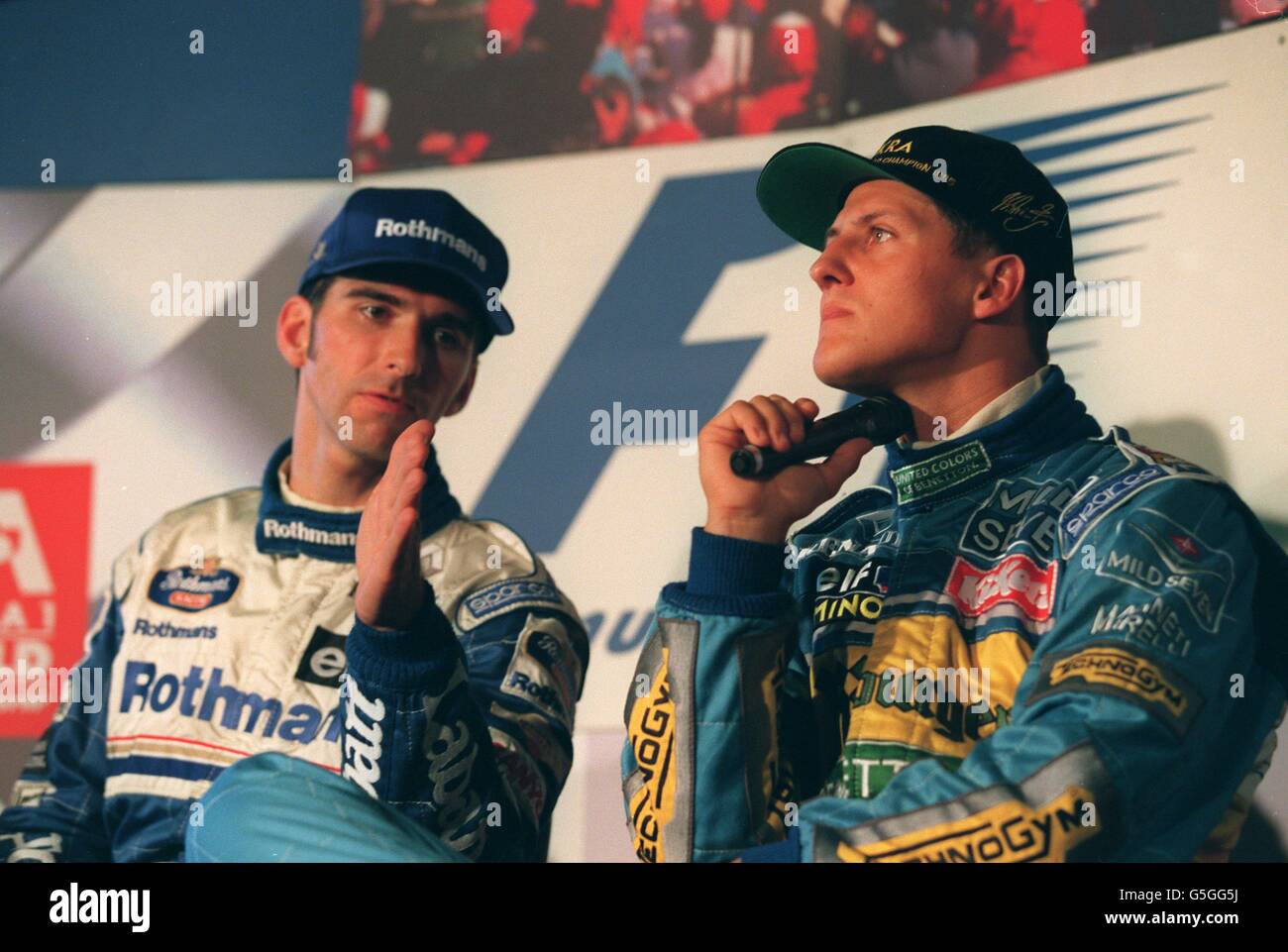 DAMON HILL AND MICHAEL SCHUMACHER FACE THE PRESS TOGETHER Stock Photo - Alamy