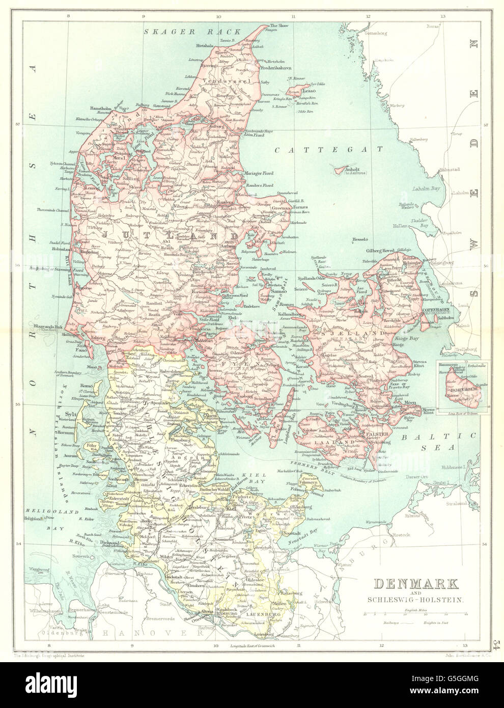 DENMARK & SCHLESWIG-HOLSTEIN: Lauenburg. Inset map of Bornholm, 1909 ...