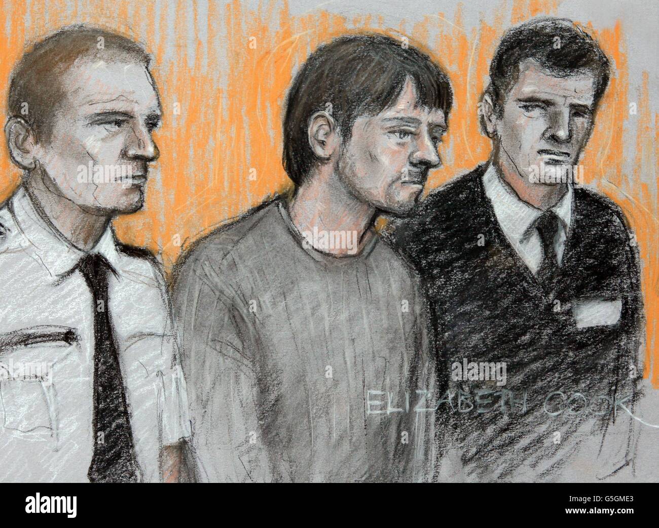 A court artist drawing by Elizabeth Cook of Jeremy Forrest (second left ...