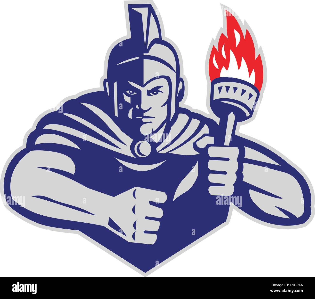 Illustration of a greek warrior holding flaming torch viewed from front ...