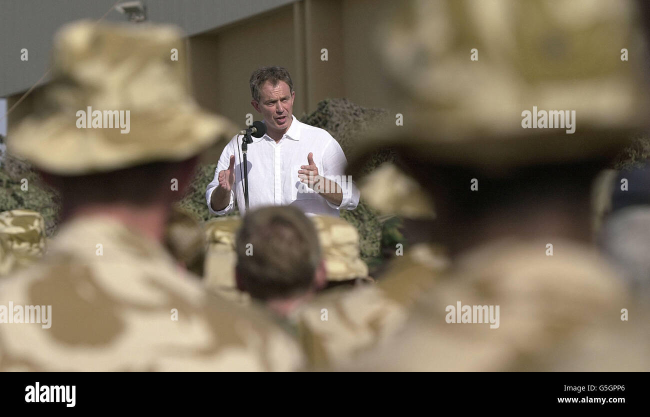Tony Blair speaks to troops at Al Sha'afa Military base that is being ...