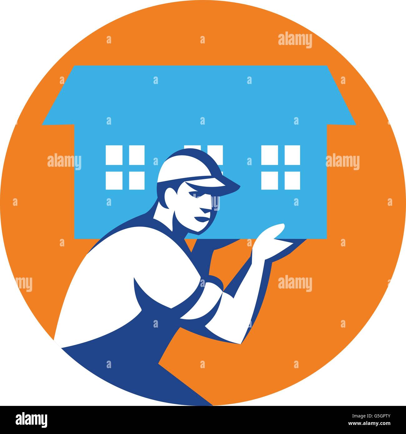 Illustration of a house remover carrying house on shoulder viewed from ...