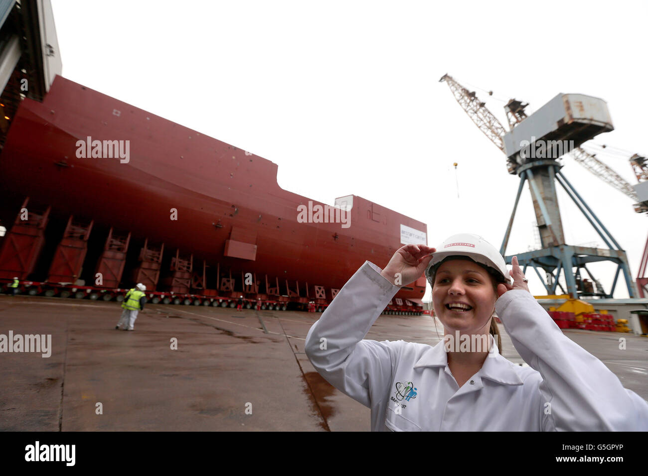BAE Systems Kelly Frood watches the largest hull section of the first ...