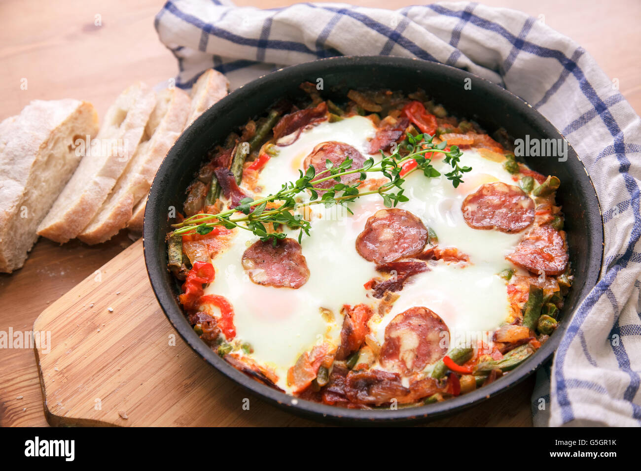 Spanish Food: eggs over Flemish, a pan closeup. horizontal Stock Photo ...