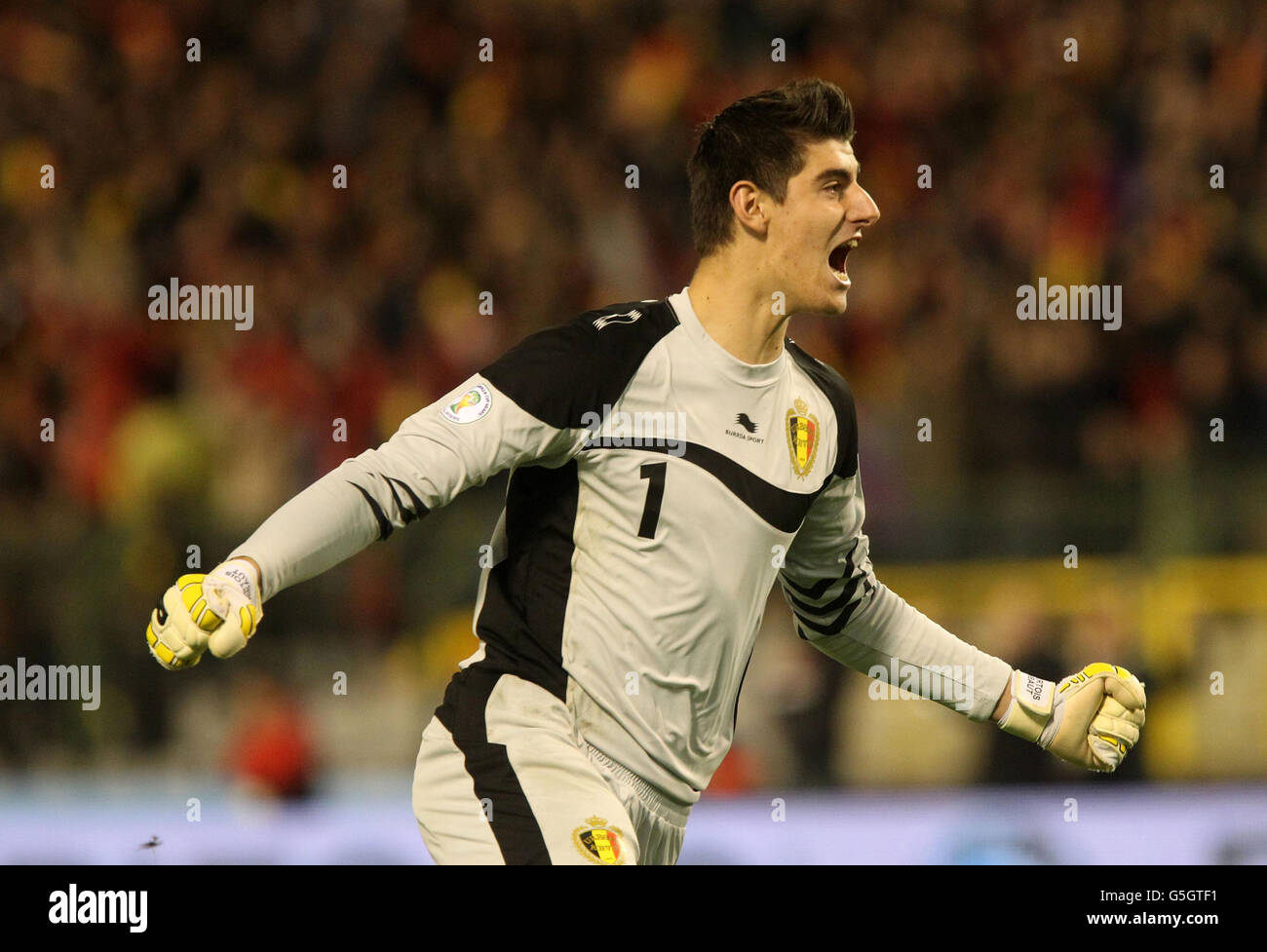 Belgium's Thibaut Courtois celebrates the first goal during the World ...