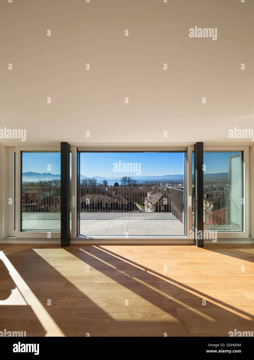 Interior, open window of a modern apartment, view from the living Stock ...
