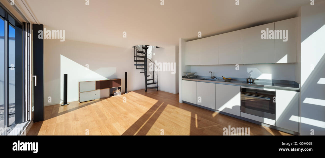 Interior, wide open space of a loft, kitchen and living Stock Photo - Alamy