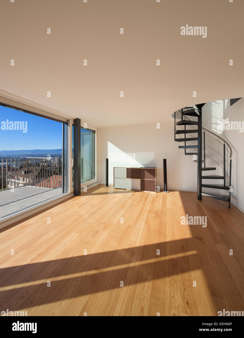 Interior, wide open space of a duplex, large window Stock Photo - Alamy