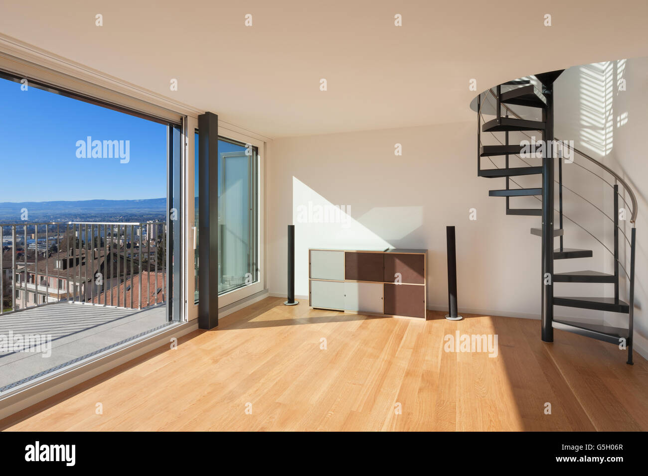 Interior, wide open space of a duplex, large window Stock Photo - Alamy