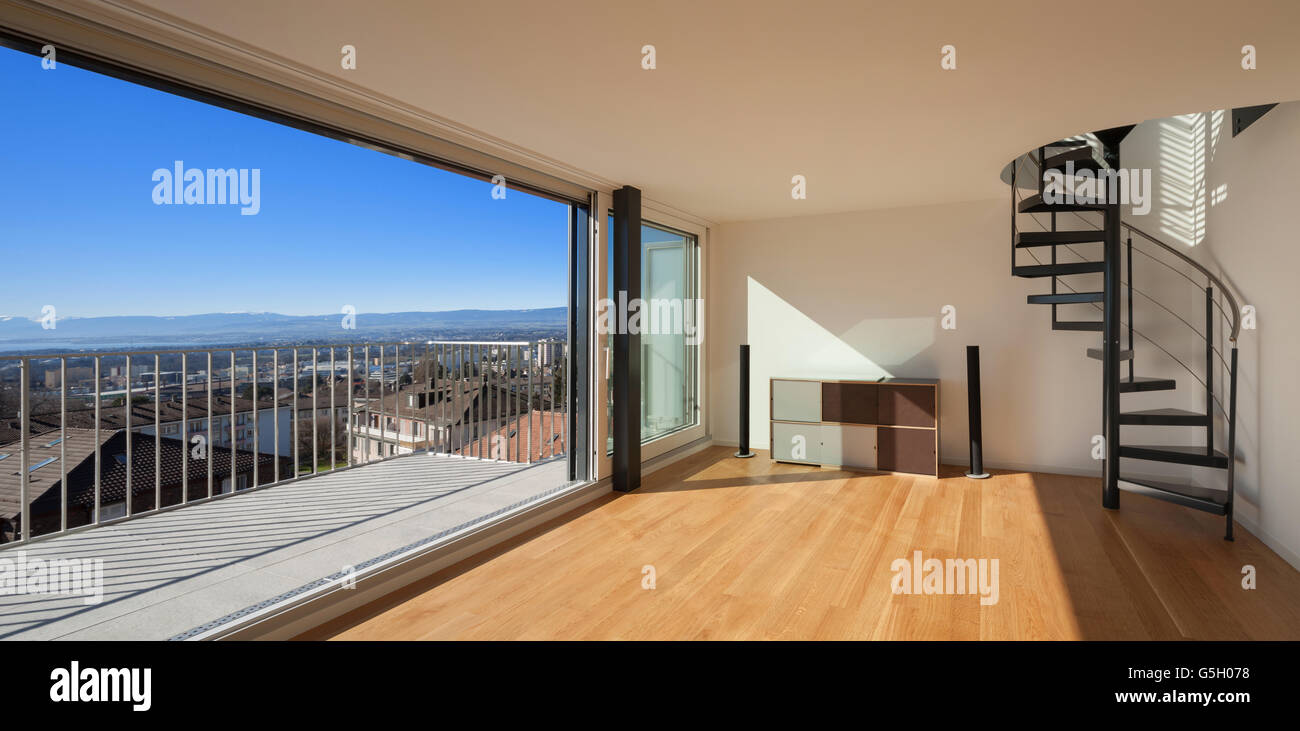 Interior, wide open space of a duplex, large window Stock Photo - Alamy