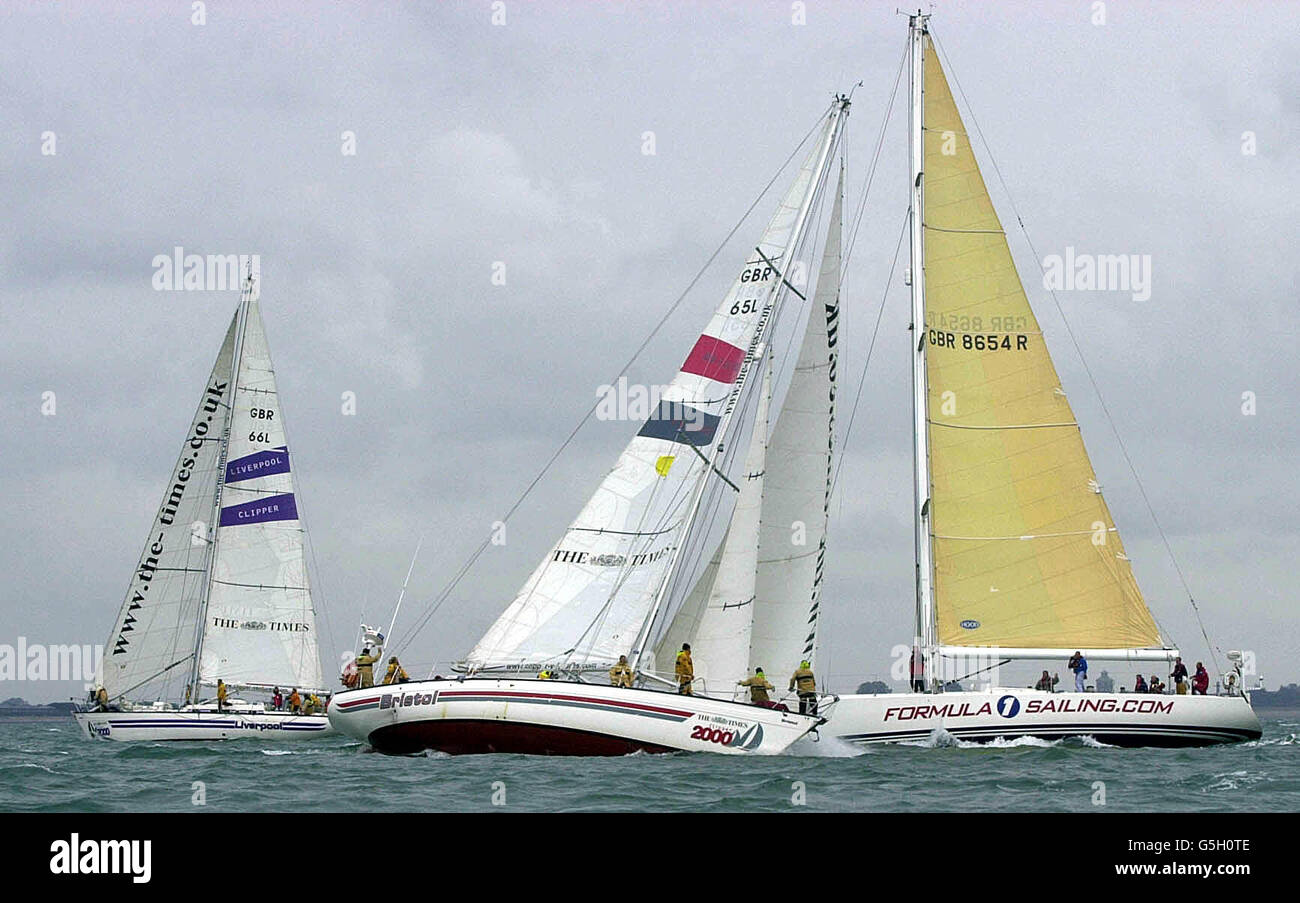 The crew of the Bristol Clipper (centre) is joined by a Formula 1 yacht ...