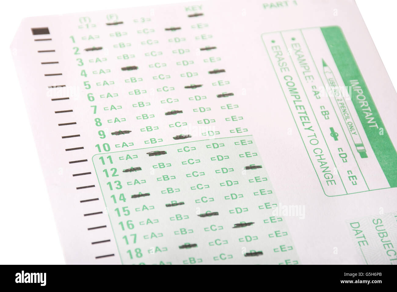 An answer sheet or optical mark recognition sheet with answers filled ...