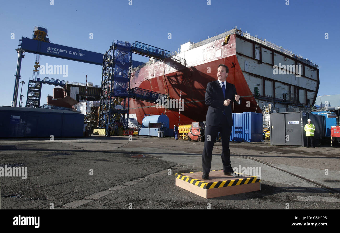 Prime Minister David Cameron speaks during a visit to Rosyth Dock Yard ...