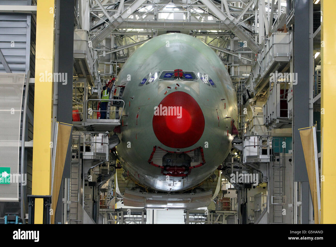 An A380 plane is assembled on the A380 Final Assembly Line (FAL) at the ...