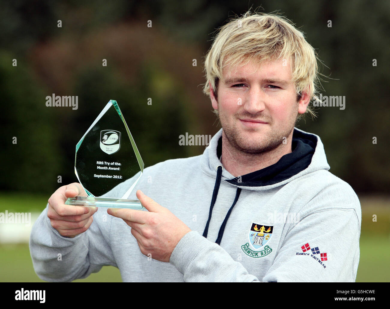 Hawick's Lee Armstrong with his RBS Try of the Month Award during a ...