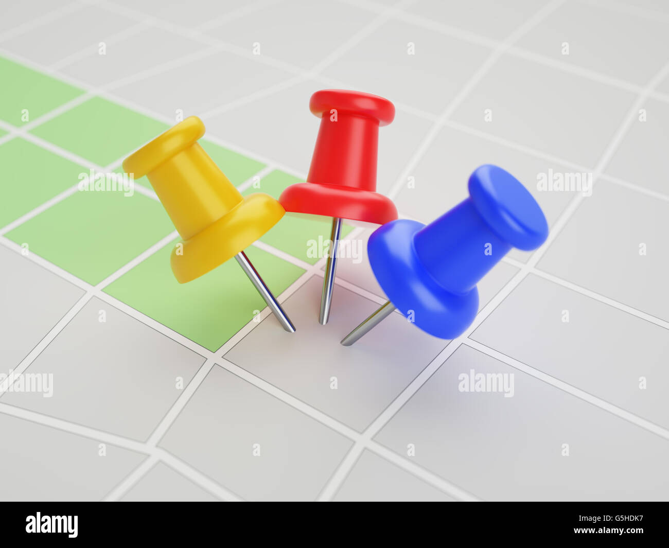 Three pins in the same point on map 3d illustration concept Stock Photo ...