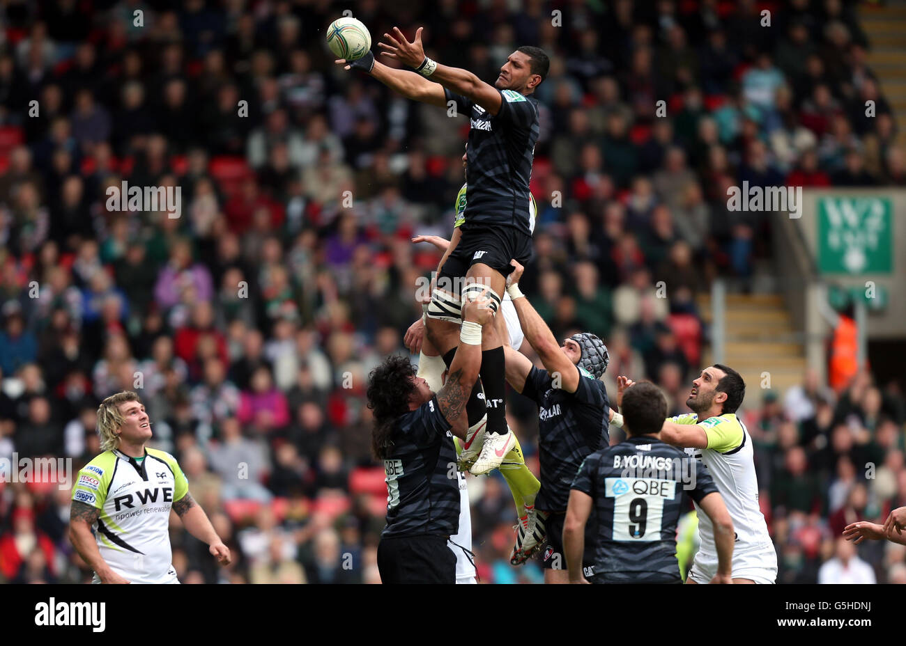Leicester Tigers' Steve Mafi wins a lineout during the Heineken Cup ...