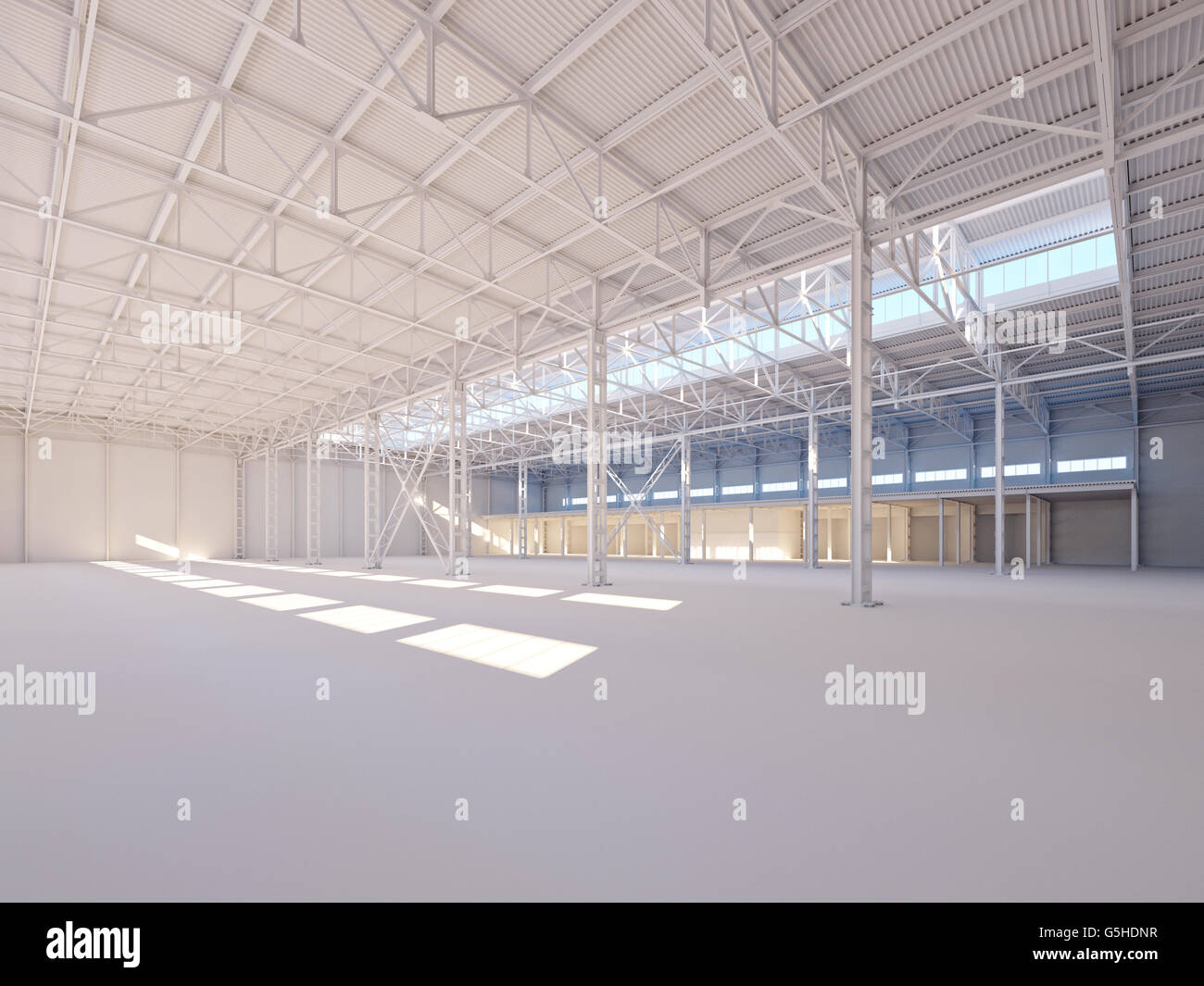 Contemporary empty white warehouse illuminated by sunlight interior 3d ...