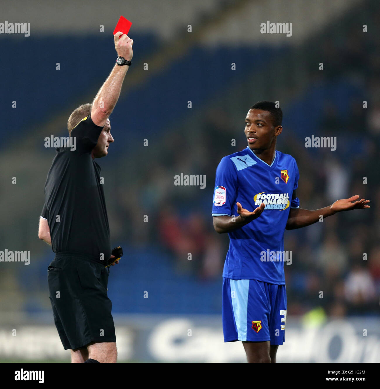 Watford's Nathaniel Chalobah is sent off by referee Mark Heywood during ...
