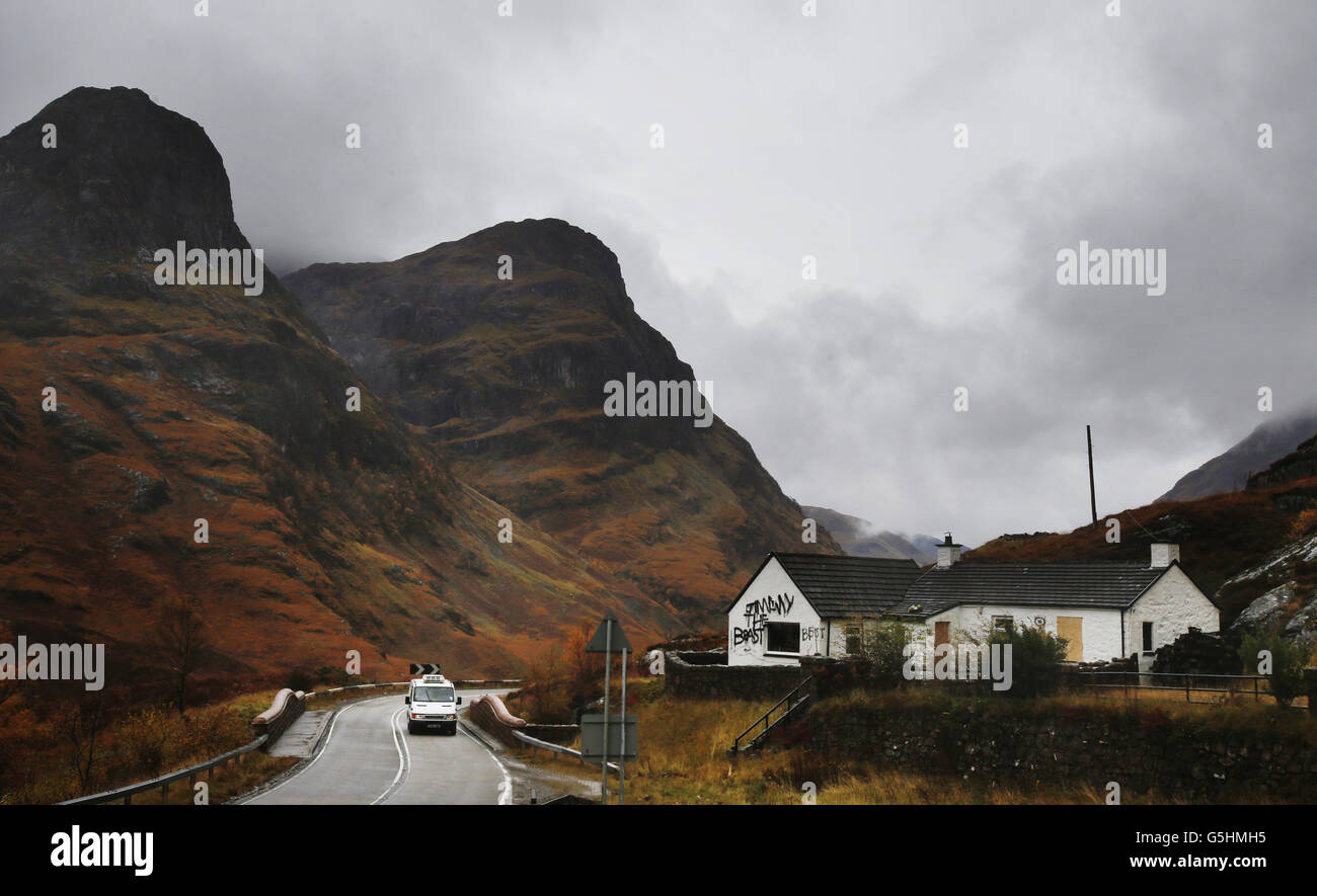 Slogans painted on the cottage owned by Jimmy Savile in Glencoe ...