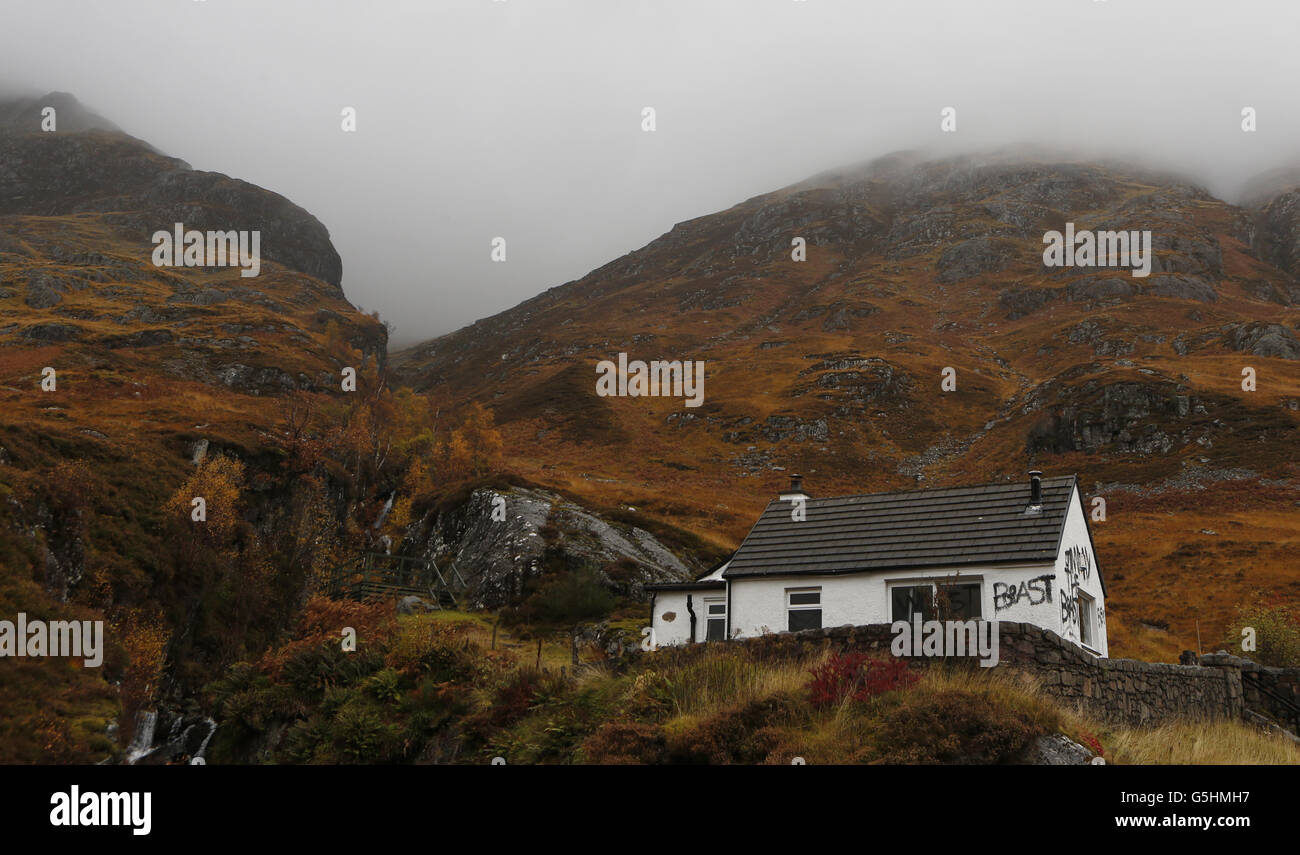 Slogans painted on cottage owned by jimmy savile in glencoe hi-res ...