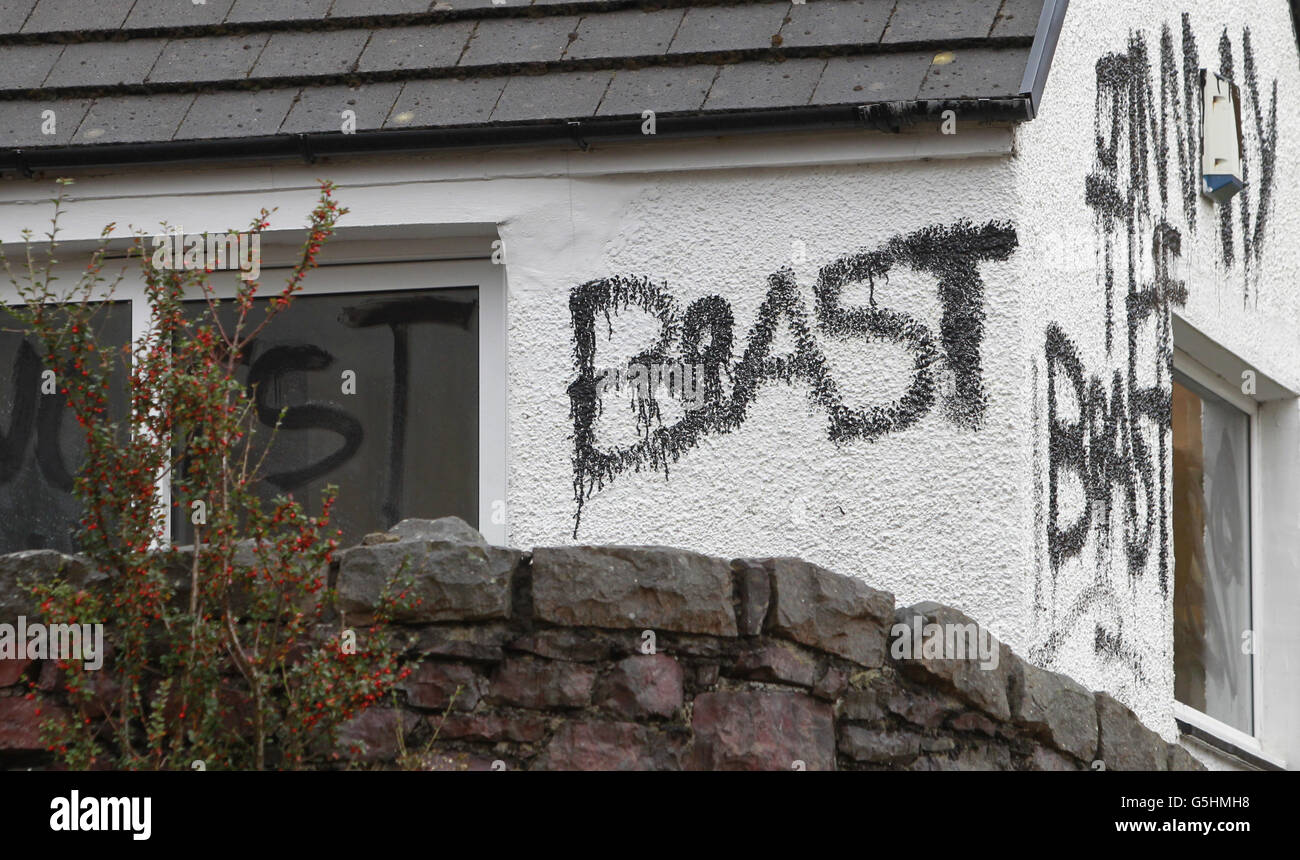 Slogans painted on the cottage owned by Jimmy Savile in Glencoe ...