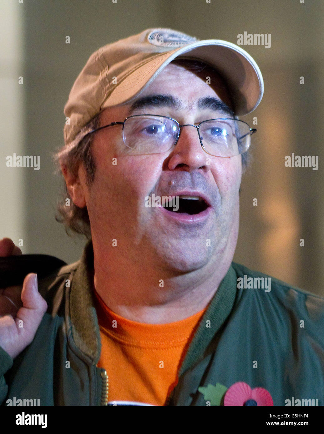 Danny Baker talking outside BBC Broadcasting House in London after his ...