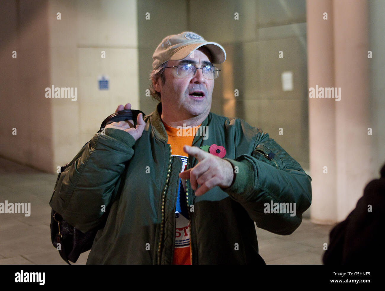 Danny Baker talking outside BBC Broadcasting House in London after his ...