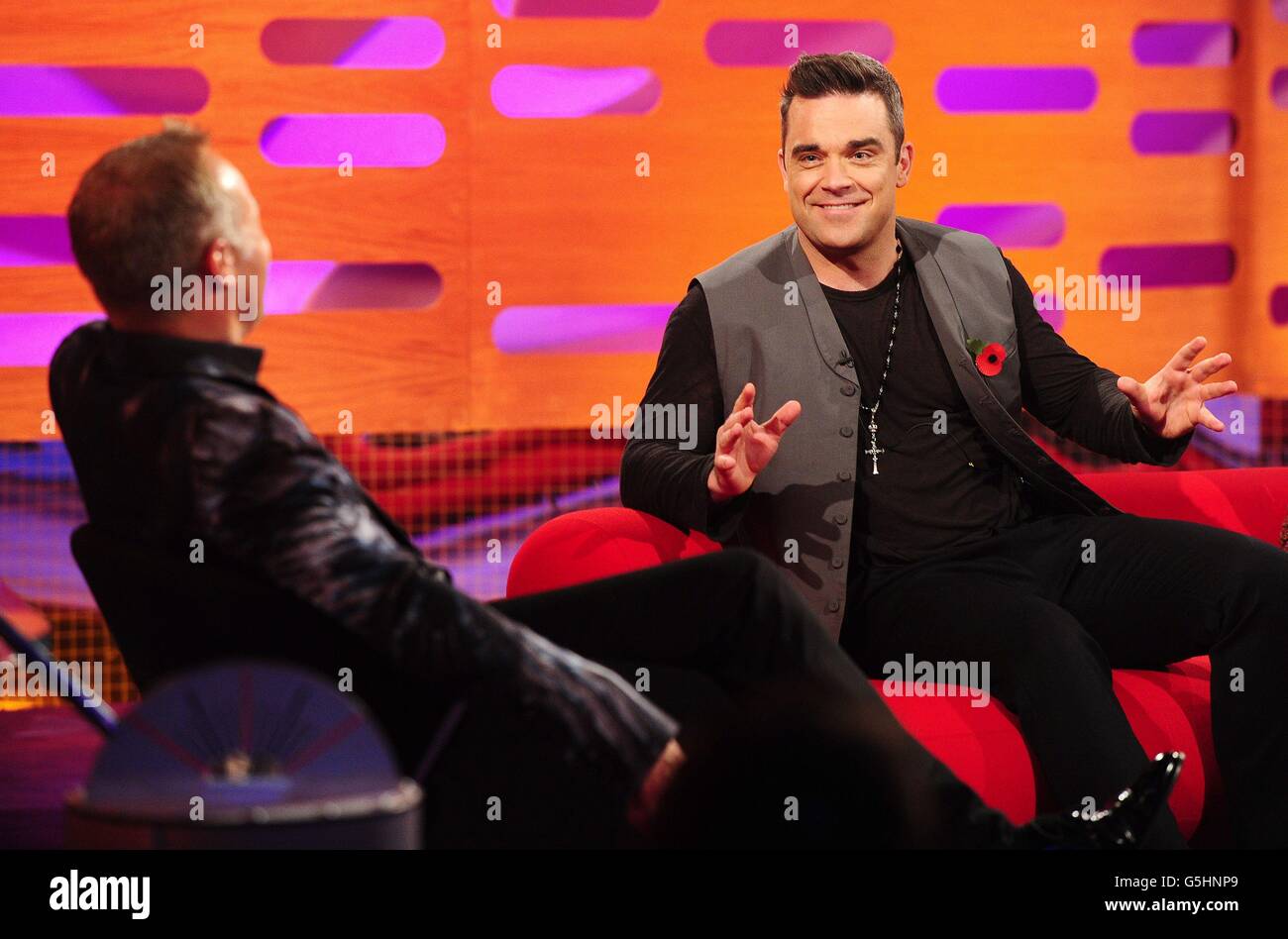 Host Graham Norton and Robbie Williams at the filming of the Graham ...