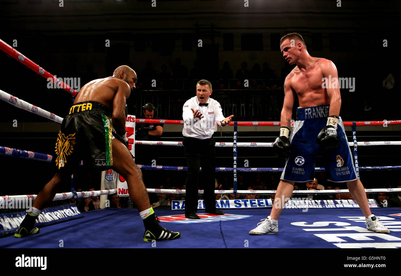Referee Marcus McDonnell issues instructions to both fighters during there British Welterweight ...