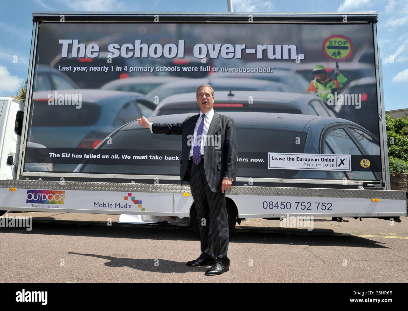 Ukip Leader Nigel Farage unveils a new poster as part of his a Brexit ...