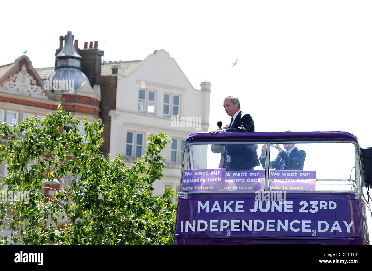 Ukip Leader Nigel Farage arrives by his Brexit Bus in Clacton-on-Sea in ...