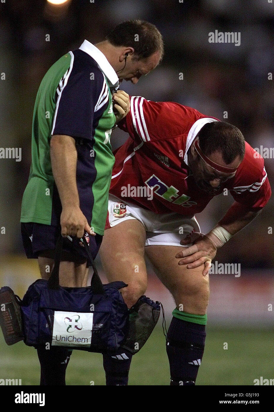 Queensland Presidents XV v British Lions. British Lions- hooker Robyn McBride is helped off by ...