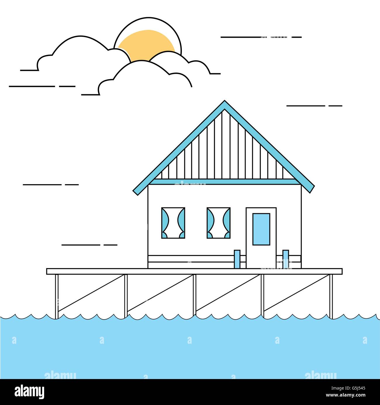 line style illustration of house or home above sea water close to lake ...