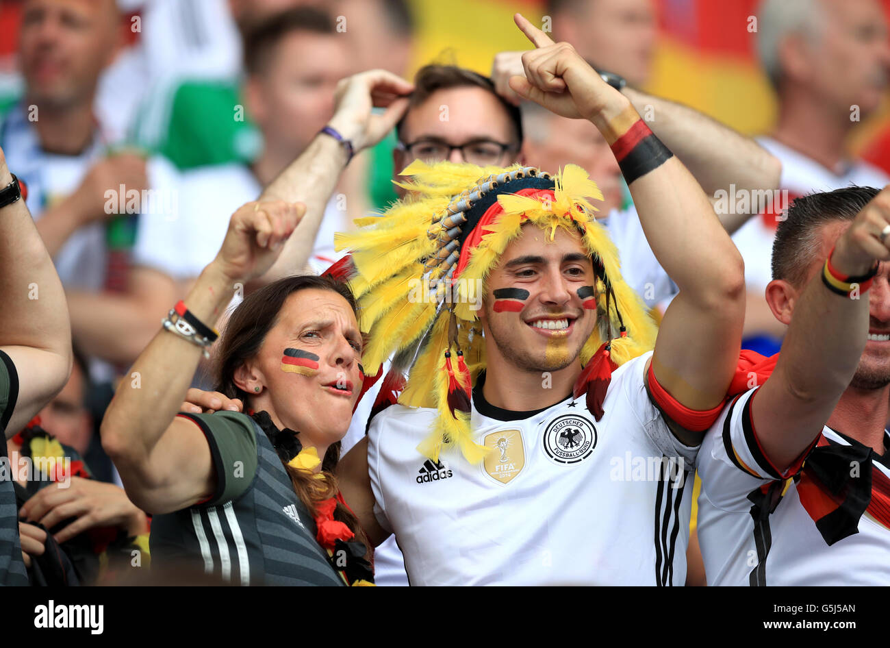 Germany fans cheer on their side in the stands before the UEFA Euro ...