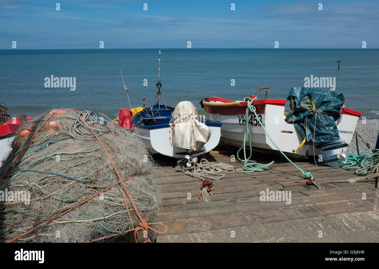 fishing crab boats on slipway at sheringham beach, north norfolk ...