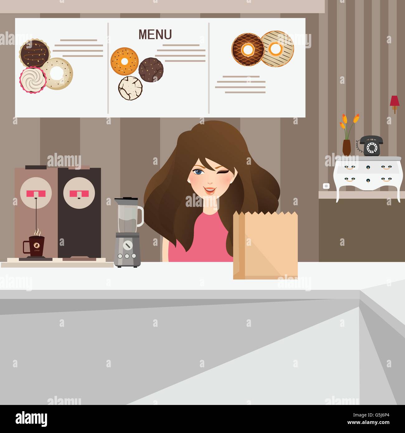 woman female customer smile in cafe with donuts and coffee in ...