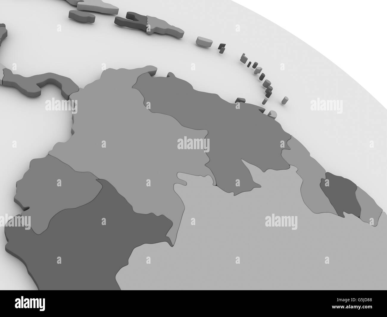 Map of Colombia and Venezuela on grey model of Earth. 3D illustration ...