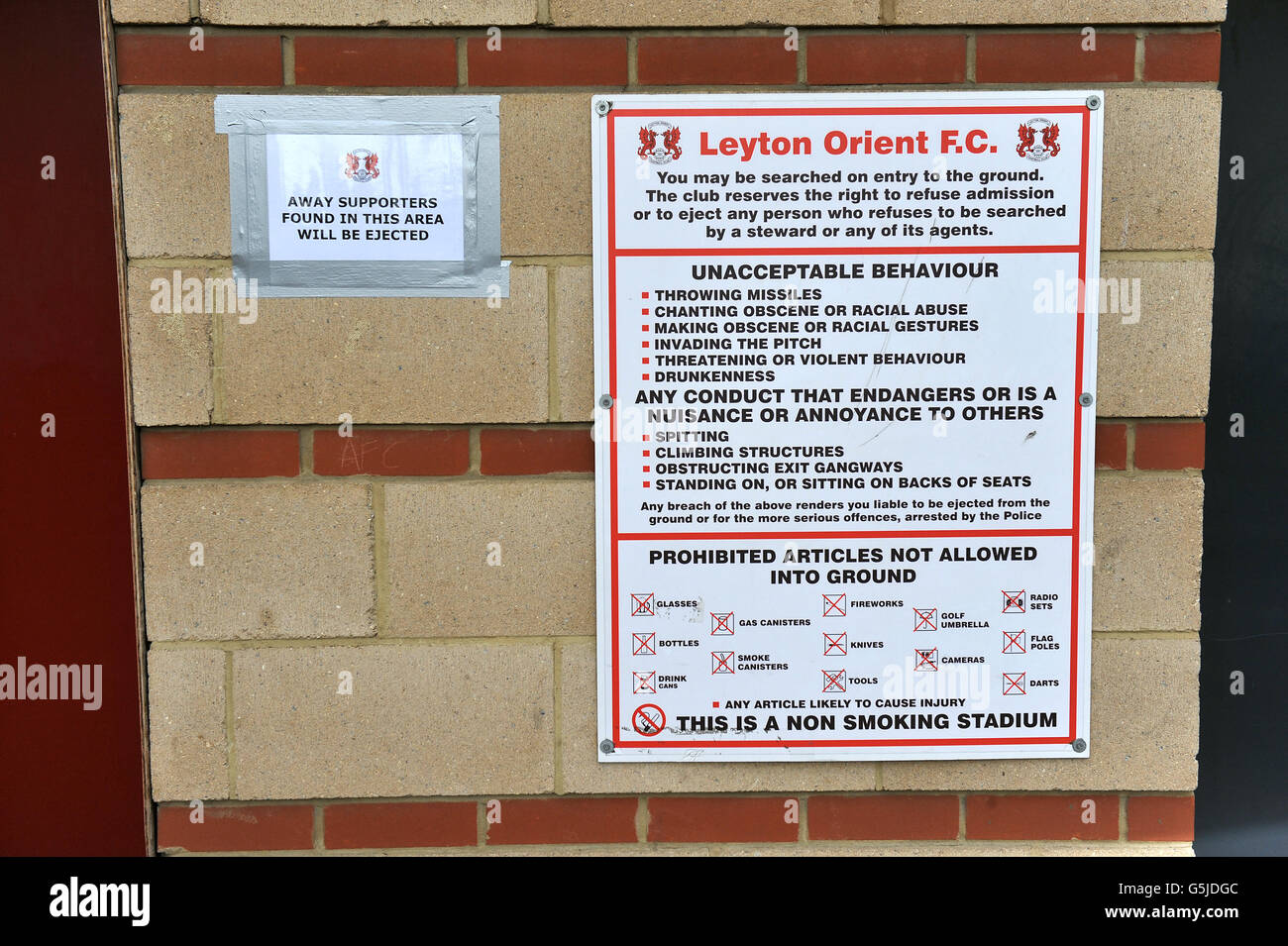 A sign at Brisbane Road announcing that unacceptable behaviour will ...