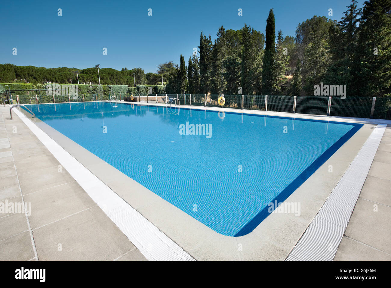 Outdoor swimming pool surrounded by trees. Horizontal format Stock ...