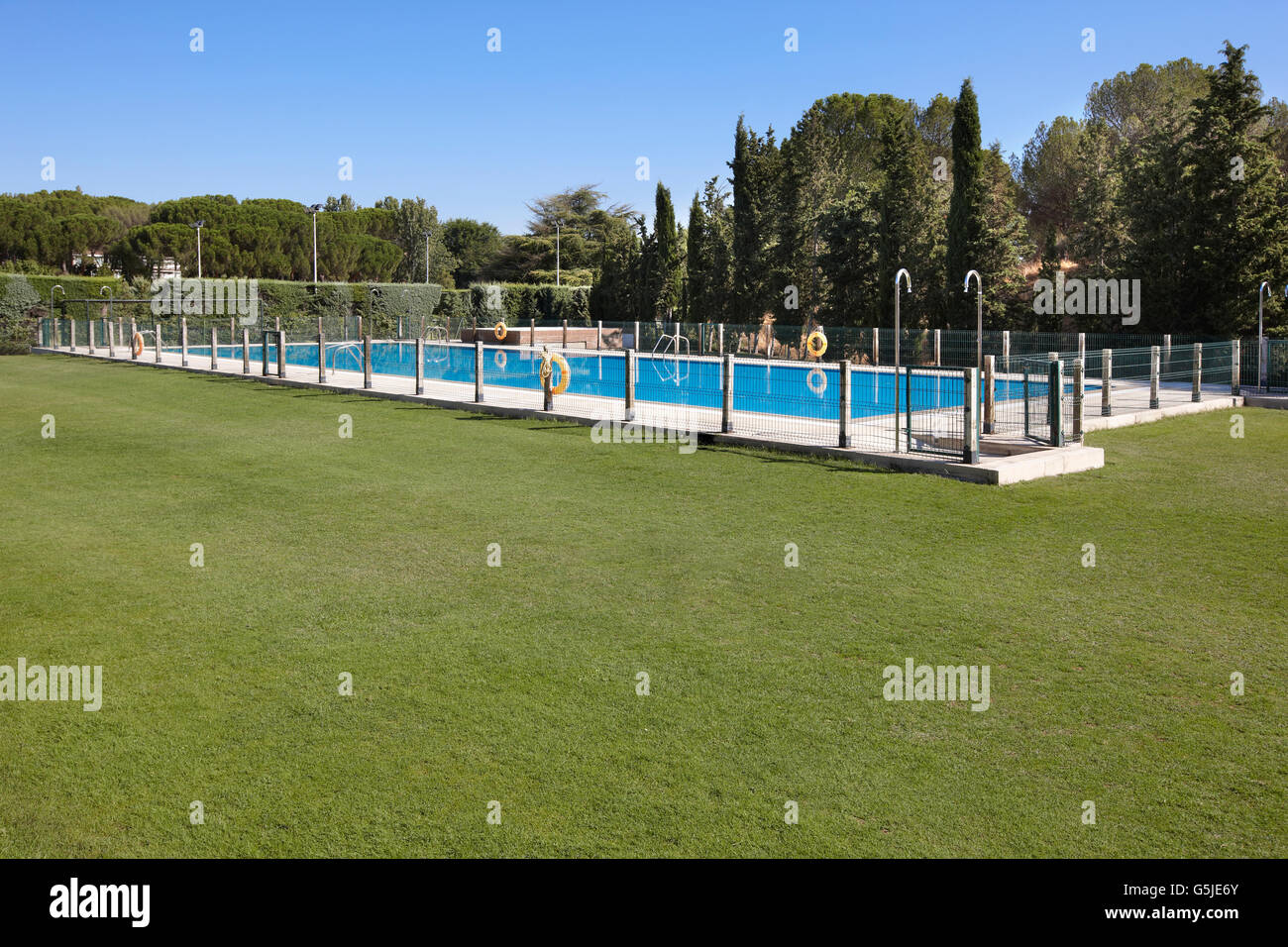 Outdoor swimming pool surrounded by trees. Horizontal format Stock ...