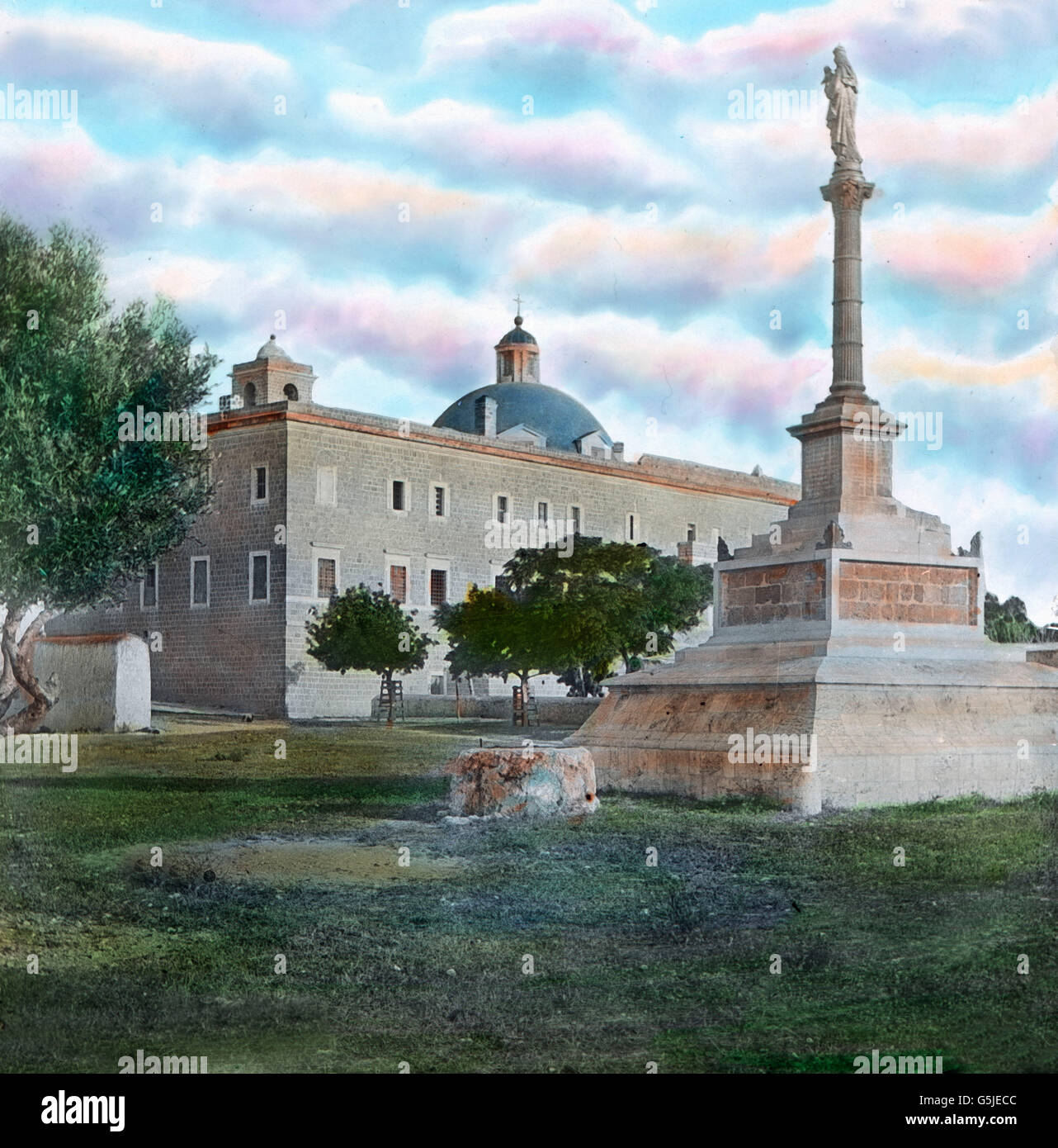 Der Berg Karmel mit dem Kloster der Karmeliter und einer Mariensäule, 1920er Jahre. Mount karmel ...