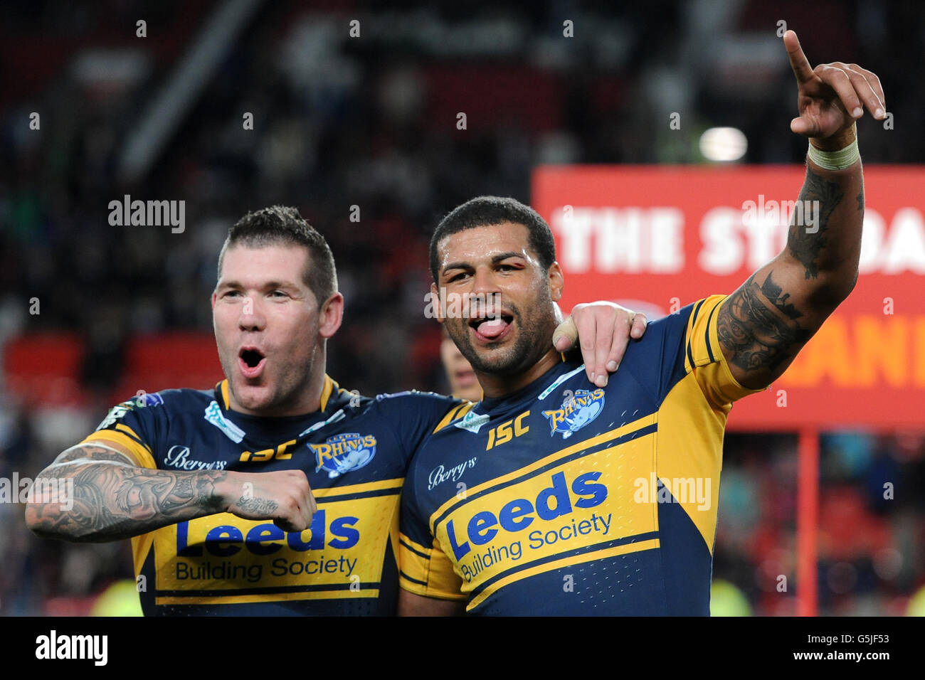 Leeds Rhinos' Brett Delaney (left) and Ryan Bailey celebrate their side ...