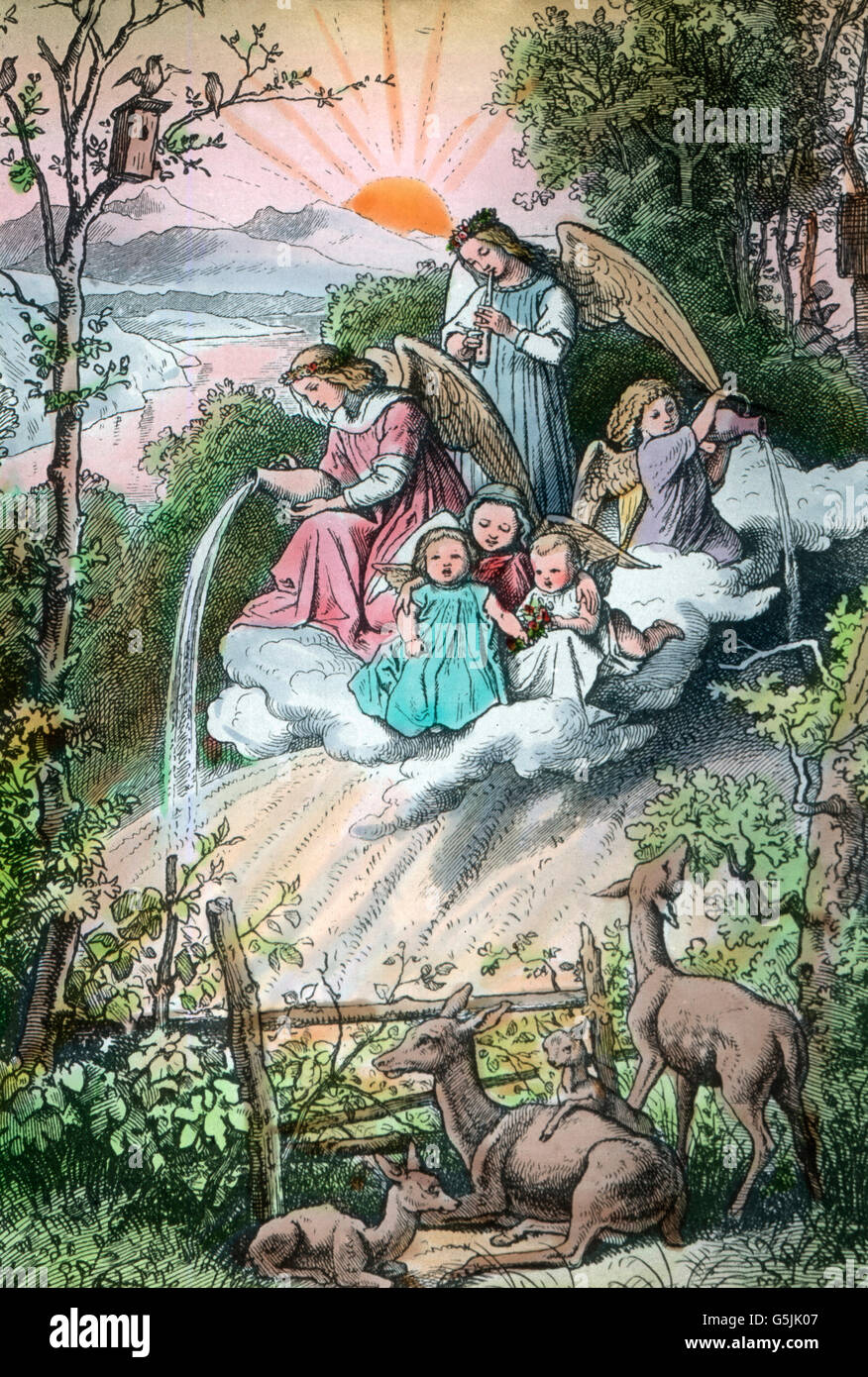 Stich mit der Darstellung von Engeln, die den Morgentau ausschütten ...