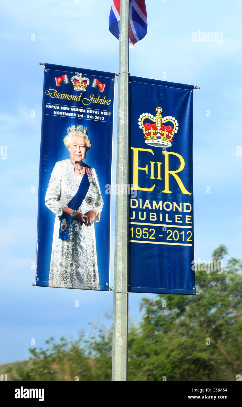 A Diamond Jubilee sign is seen as the Prince of Wales and Duchess of ...